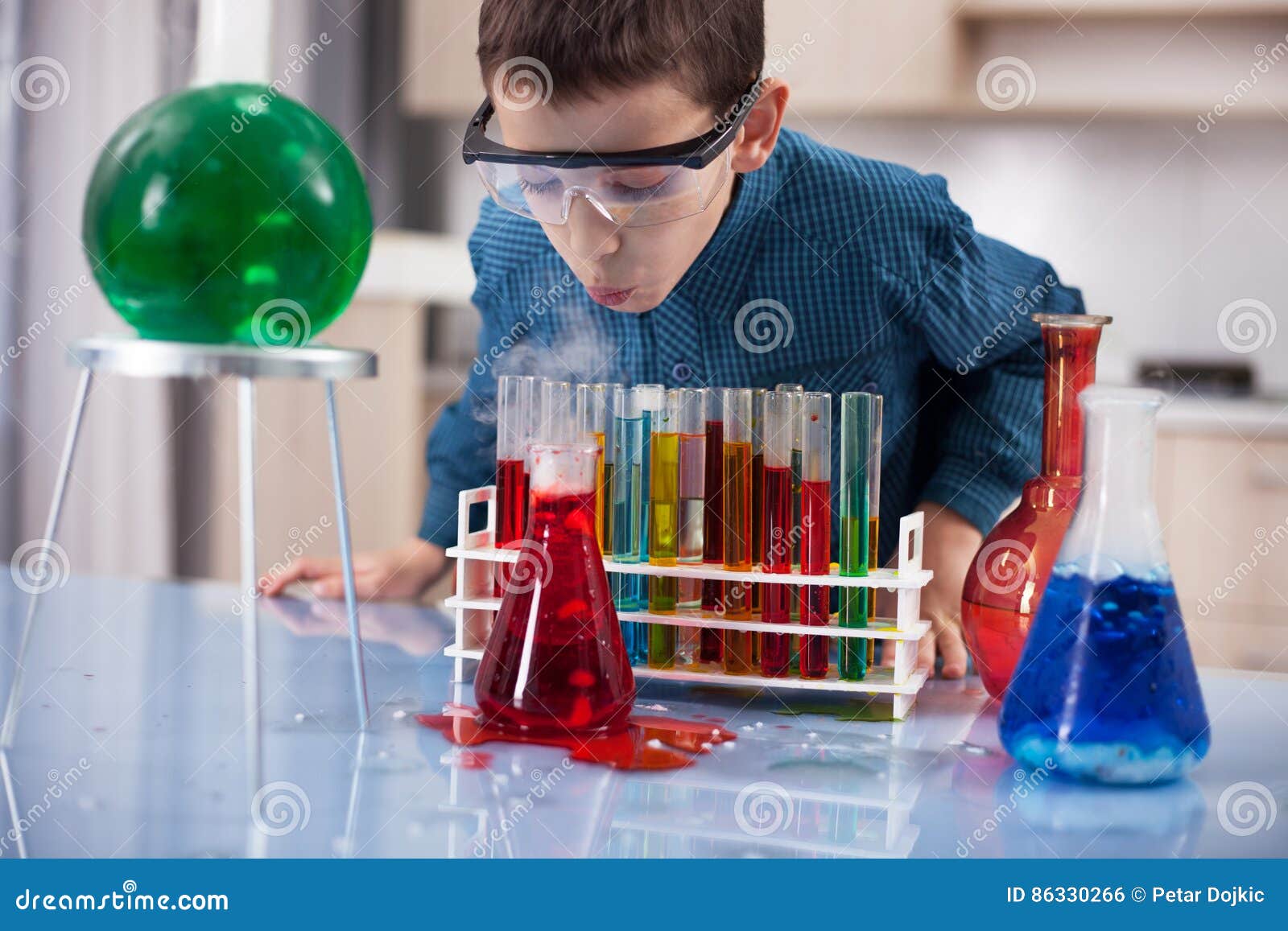 Schoolboy Working in Chemistry Lab Stock Photo - Image of bottle ...