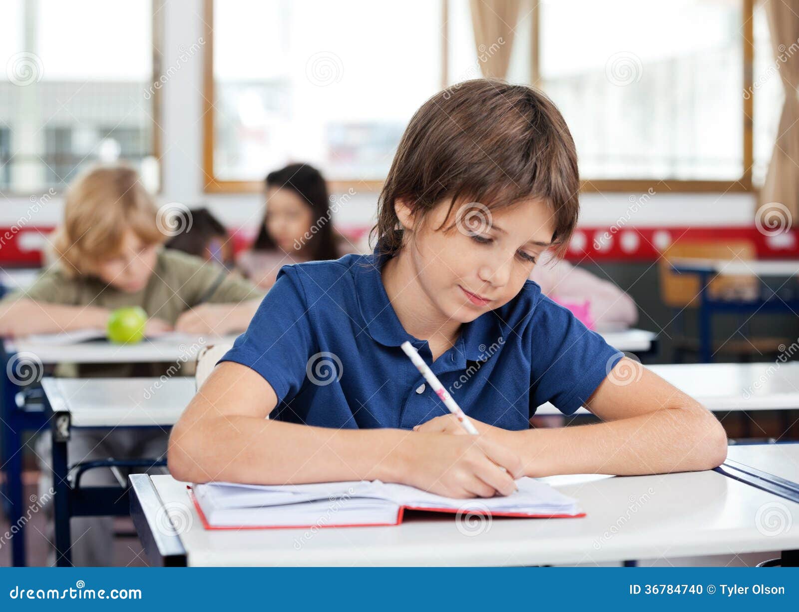 Schoolboy Writing in Book at Desk Stock Photo - Image of childhood ...