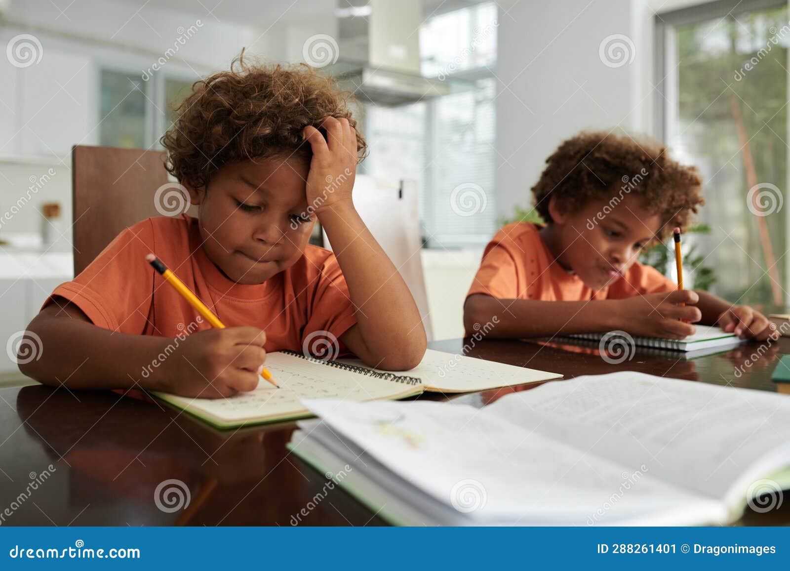 Schoolboys Busy with Doing Homework Stock Image - Image of togetherness ...