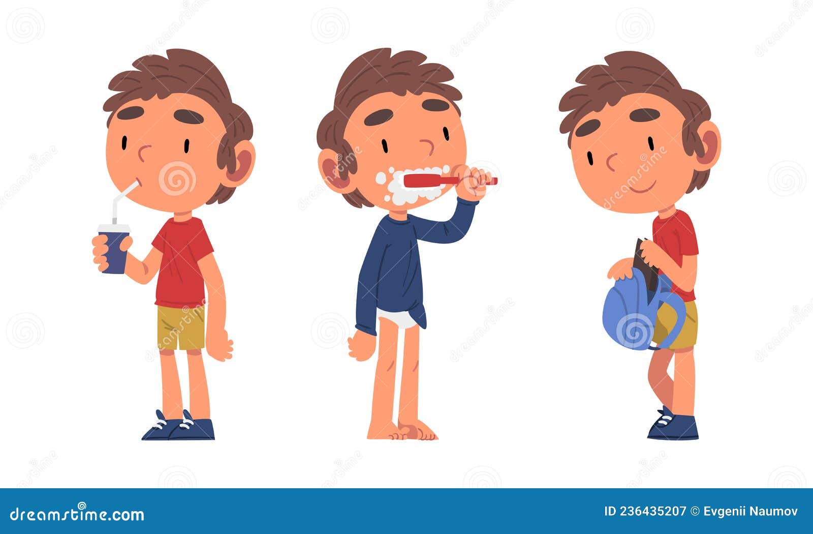 Schoolchild Daily Routine With Boy Getting Up And Brushing His Teeth ...