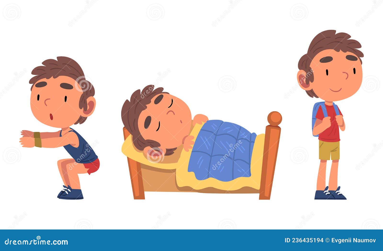 Schoolchild Daily Routine With Boy Getting Up And Brushing His Teeth ...