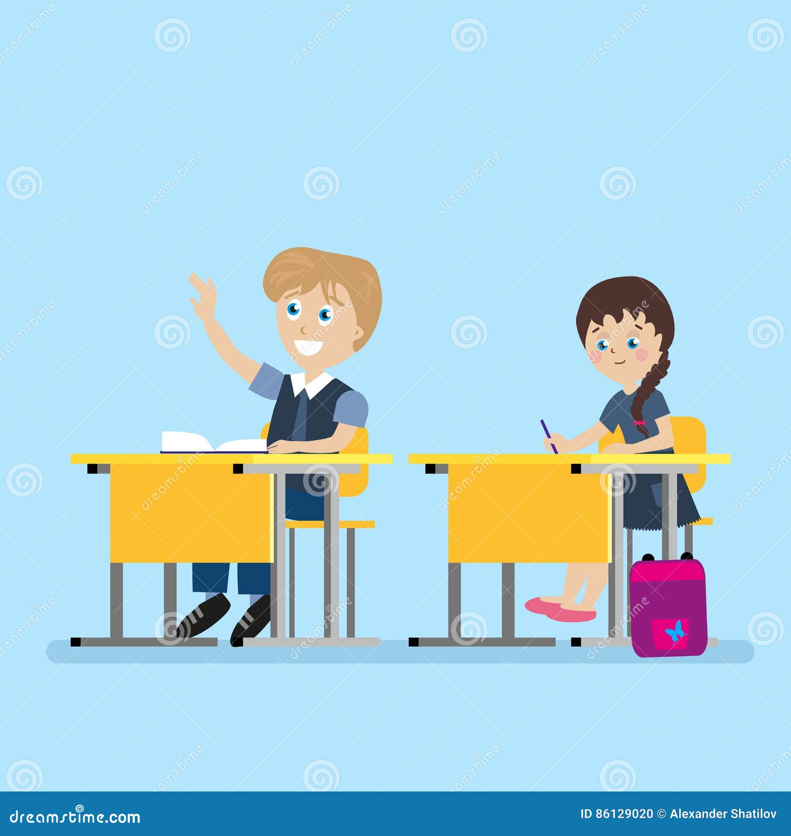 Schoolchild Sits at a School Desk during Lessons. a Boy with His Hand ...