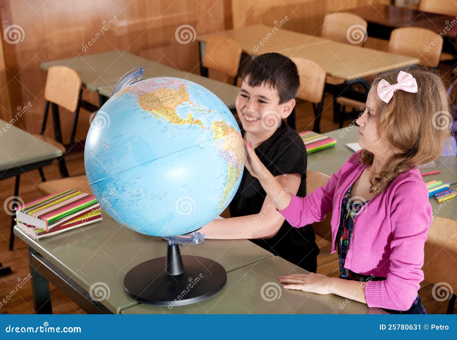 Schoolchildren Exploring Globe in Classroom Stock Image - Image of ...