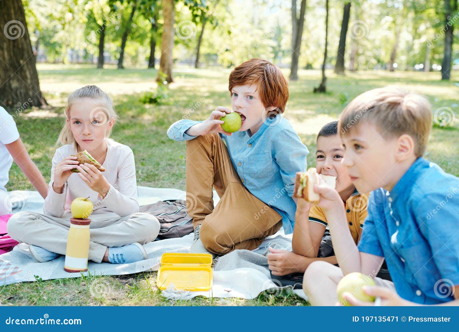 Schoolchildren Having Lunch Break Stock Image - Image of fruit, boys ...
