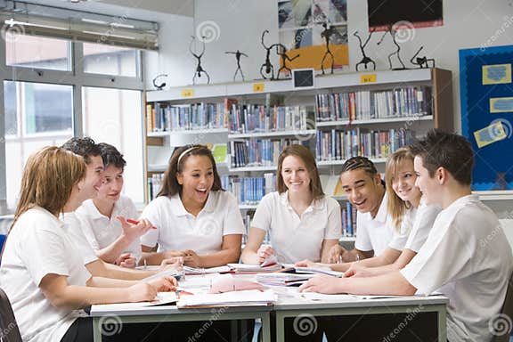 Schoolchildren Studying in School Library Stock Image - Image of ...