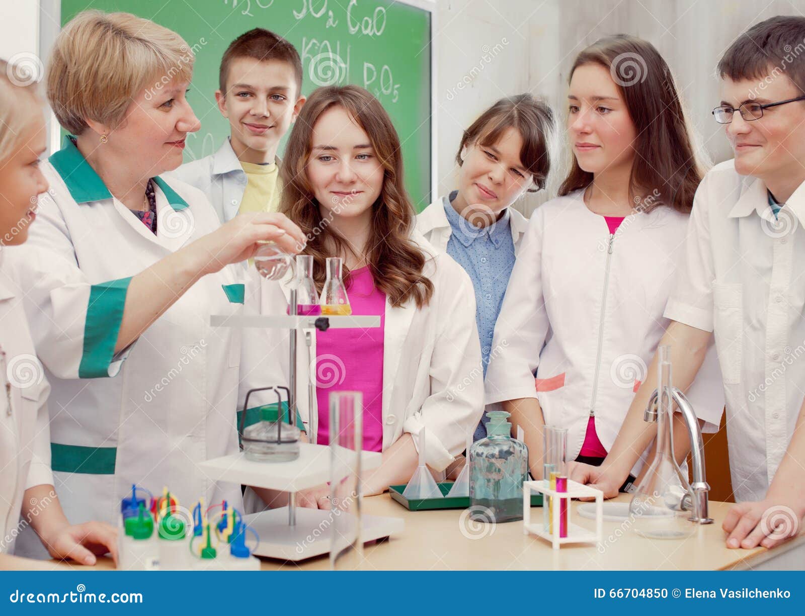Schoolchildren and Teacher in Science Class Stock Photo - Image of ...