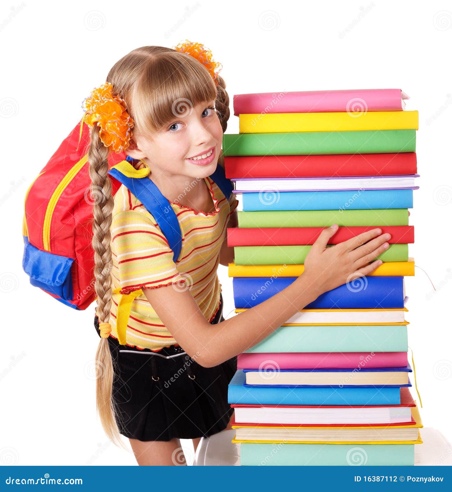 Schoolgirl with Backpack Holding Pile of Books. Stock Photo - Image of ...