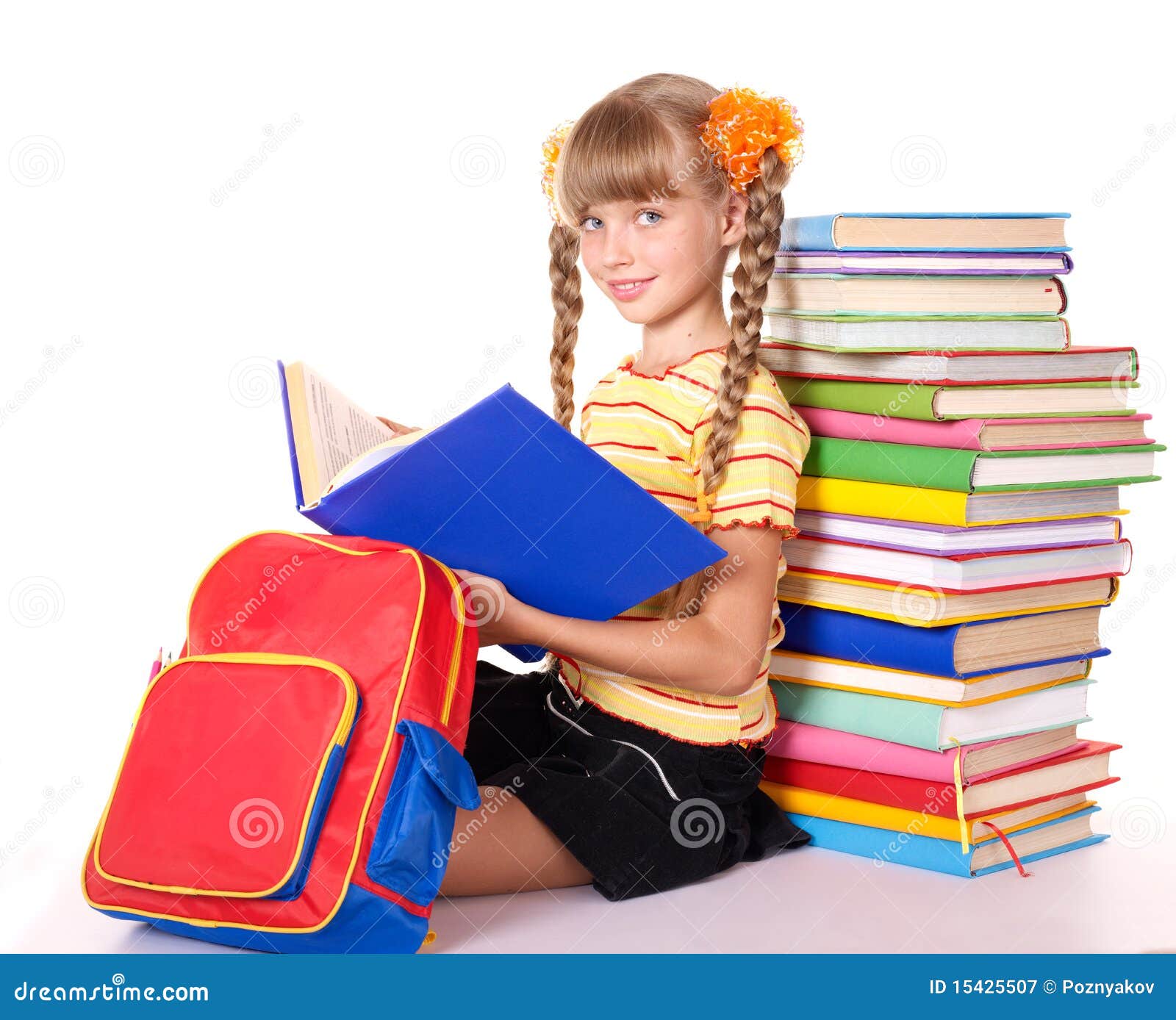 Schoolgirl with Backpack Reading Pile of Books. Stock Image - Image of ...
