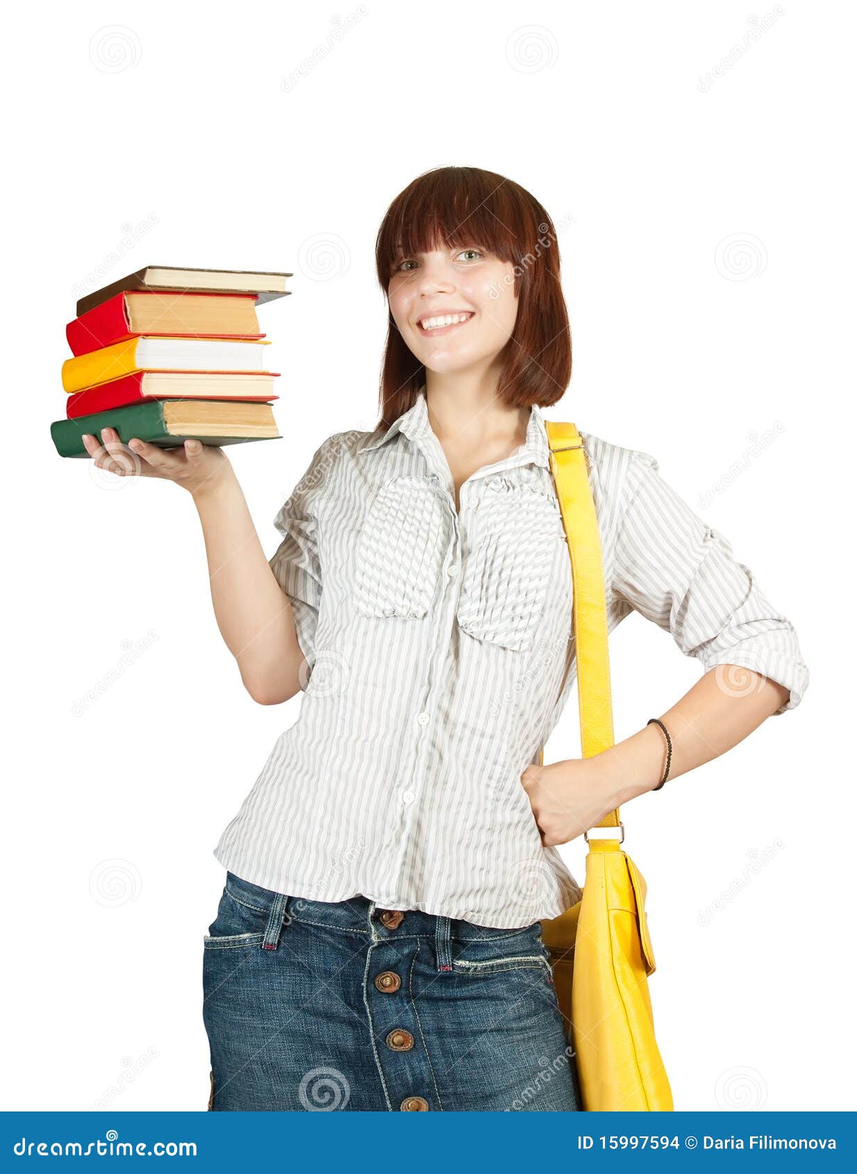 Schoolgirl with books stock photo. Image of heap, model - 15997594