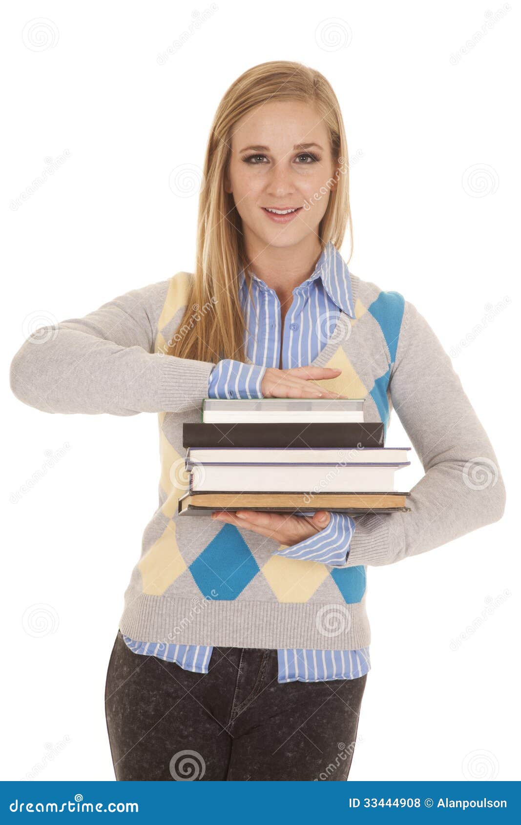 Schoolgirl Books Stack Hand Over and Under Stock Photo - Image of ...