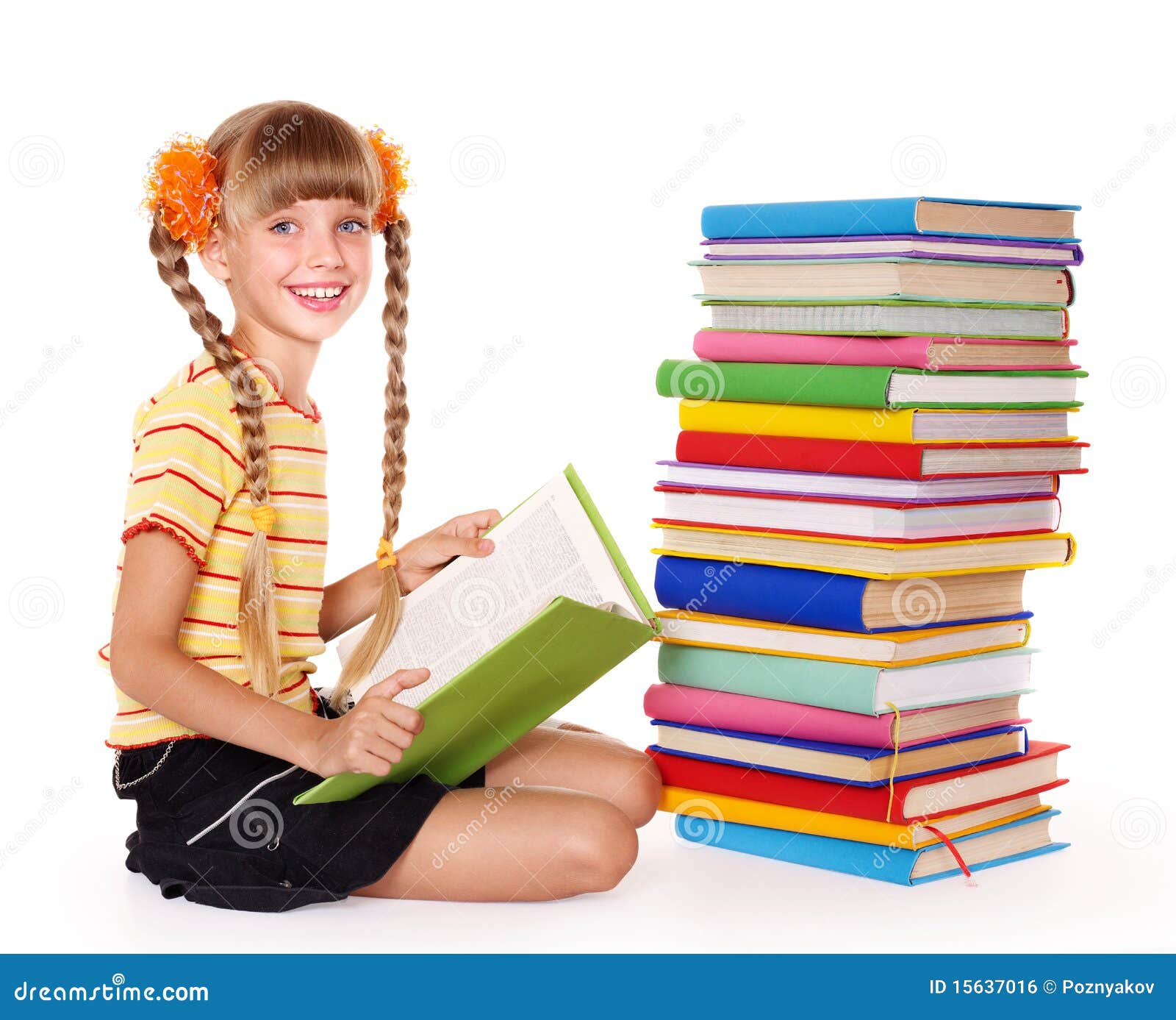 Schoolgirl Reading Pile of Books. Stock Photo - Image of knowledge ...