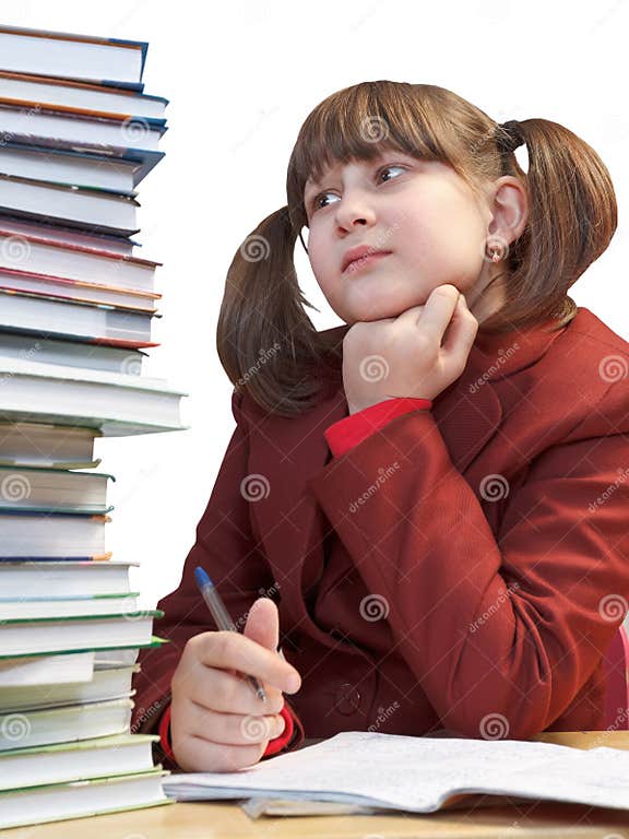 Schoolgirl, Schoolwork and Stack of Books Stock Image - Image of girl ...