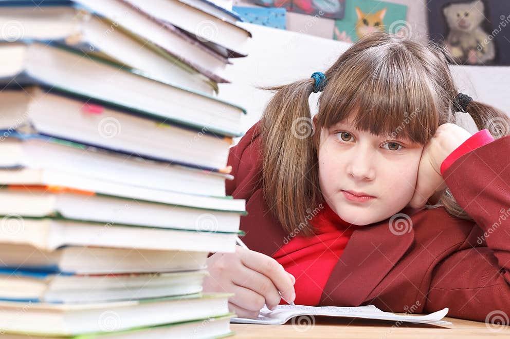 Schoolgirl, Schoolwork and Stack of Books Stock Image - Image of ...