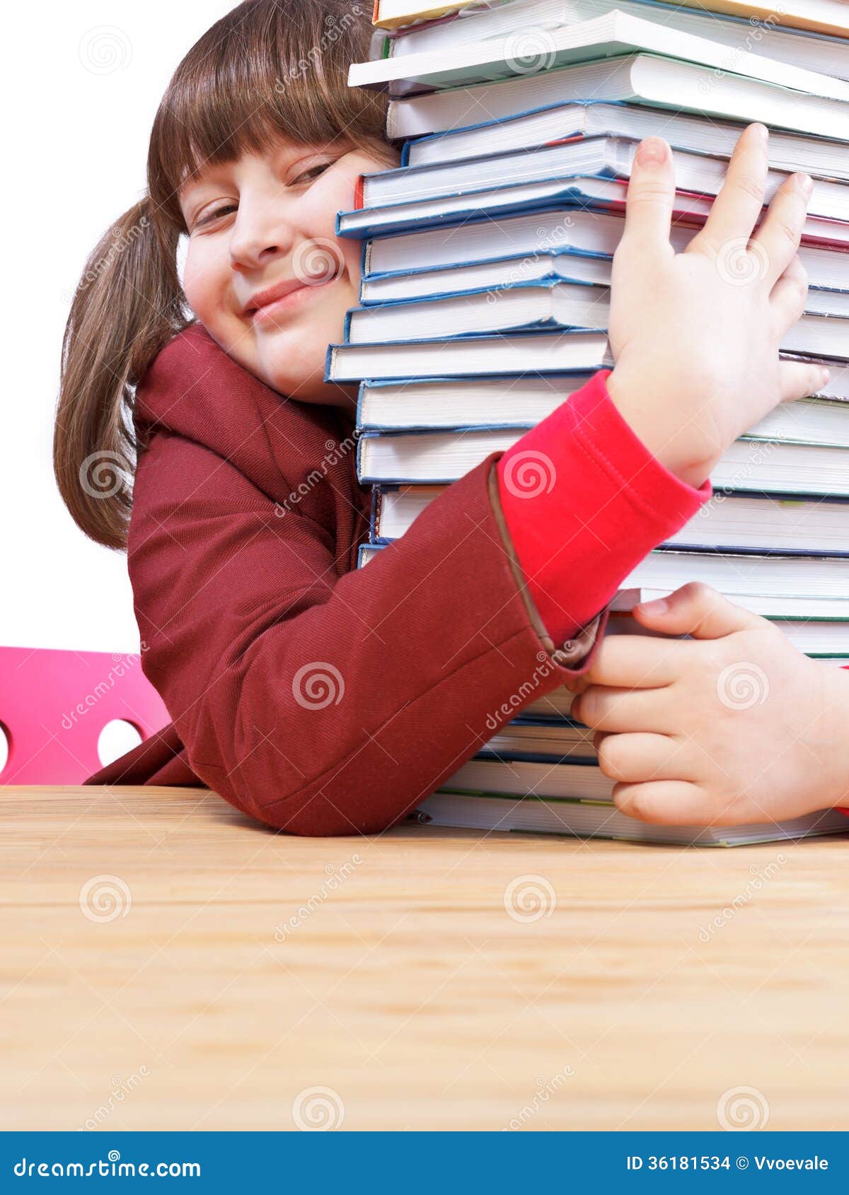 Schoolgirl, Schoolwork and Stack of Books Stock Photo - Image of ...