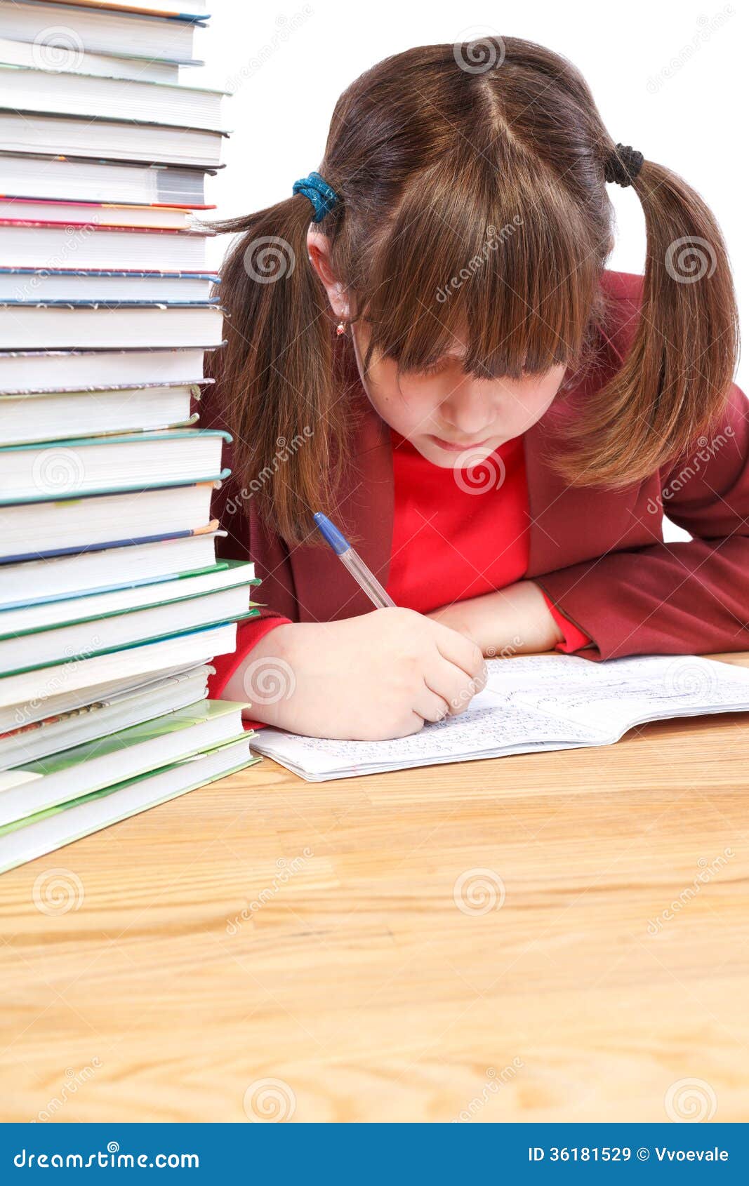 Schoolgirl, Schoolwork and Stack of Books Stock Image - Image of ...