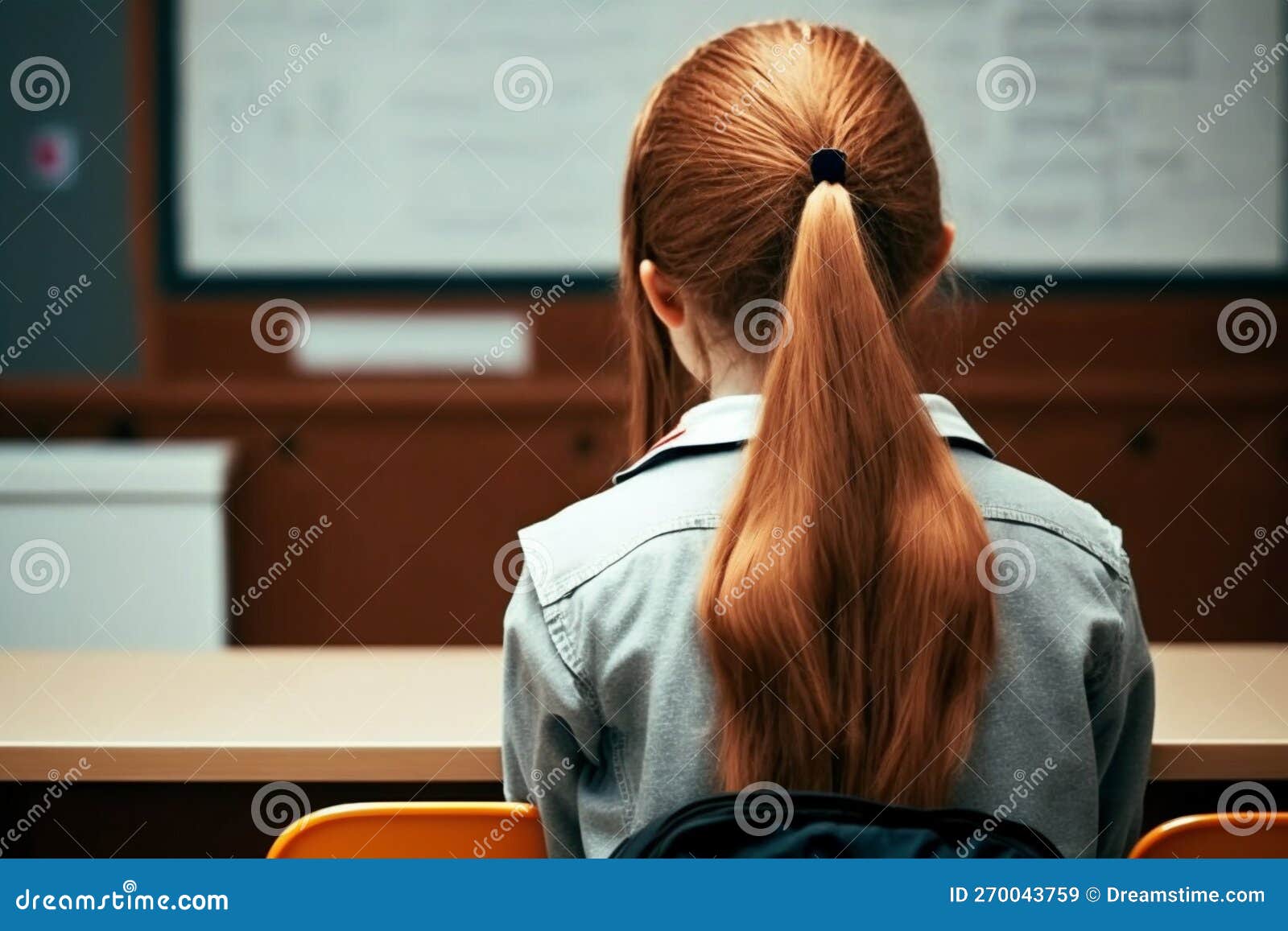 Schoolgirl Sitting at a Desk in the Classroom. AI Generated. Back View ...