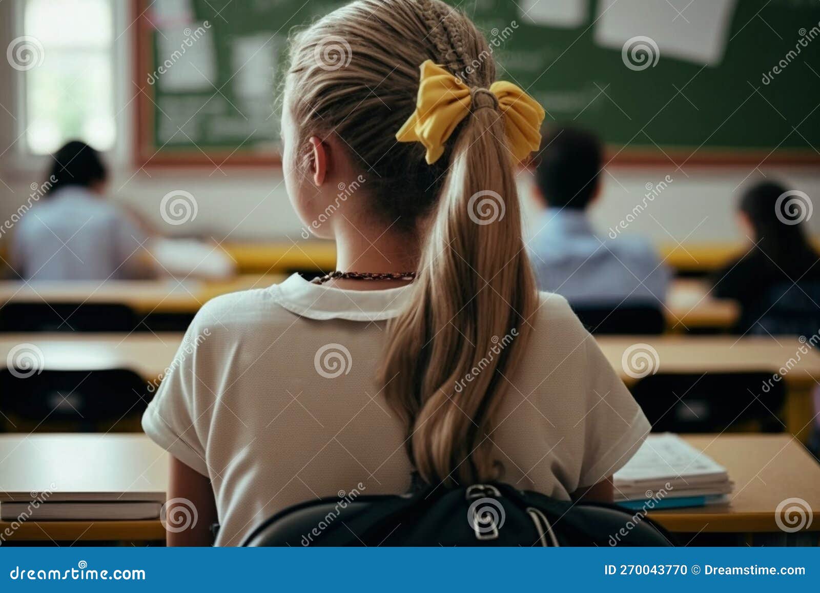 Schoolgirl Sitting At A Desk In The Classroom. AI Generated. Back View ...