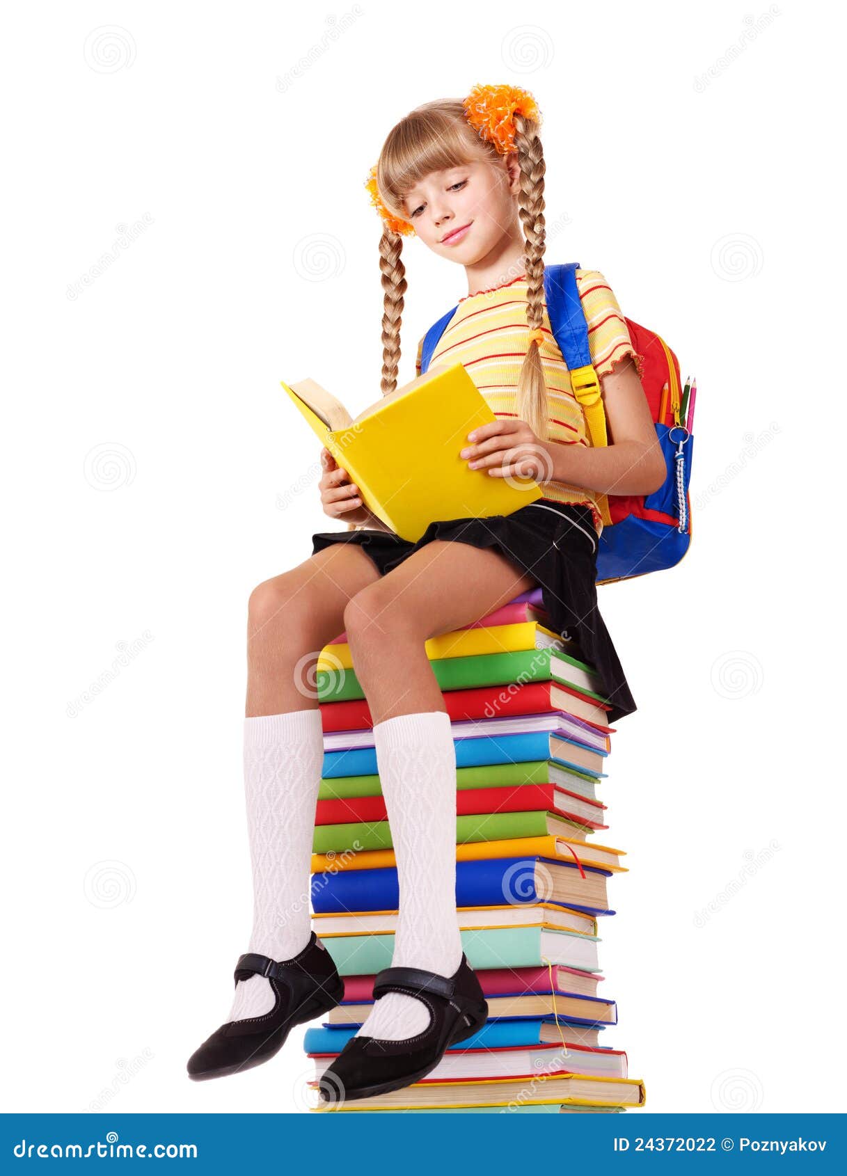 Schoolgirl Sitting on Pile of Books. Stock Photo - Image of female ...