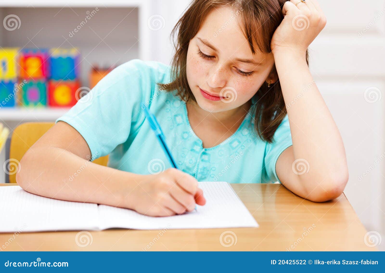 Schoolgirl Writing Boring Homework Stock Photo - Image of educational ...
