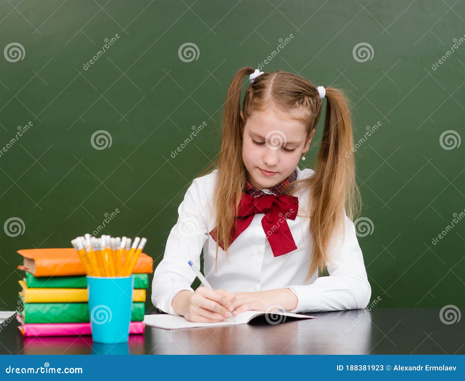 Schoolgirl Wrote in a Notebook in the Classroom Stock Image - Image of ...