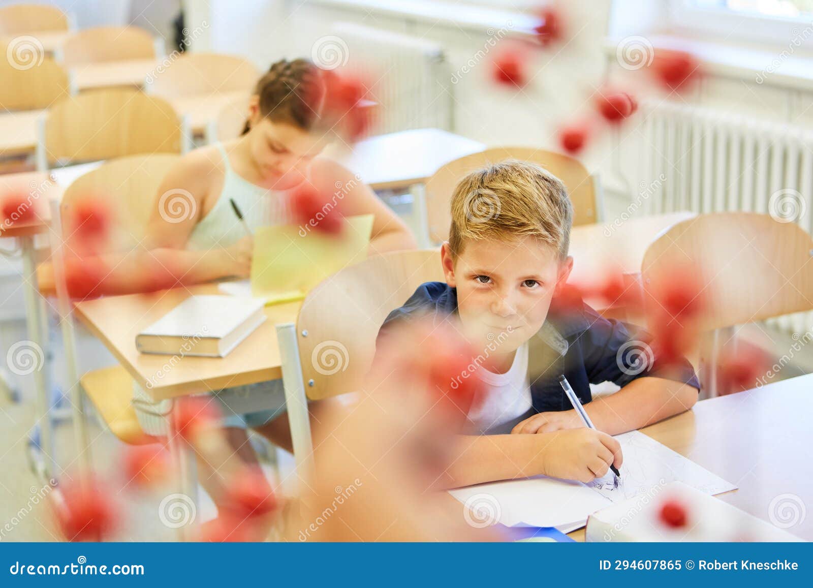 Schoolkid Looking at Molecular Structure in Classroom Stock Image ...