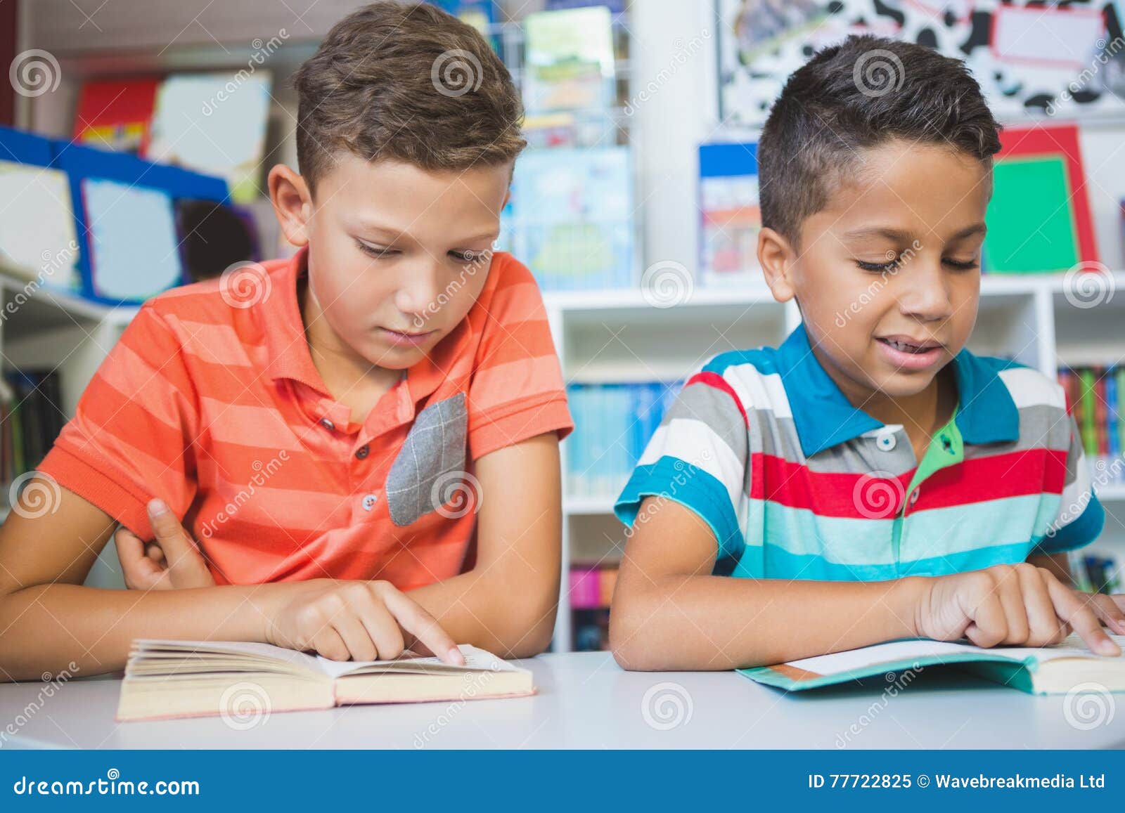 Schoolkids Reading Book in Library Stock Image - Image of indoors ...