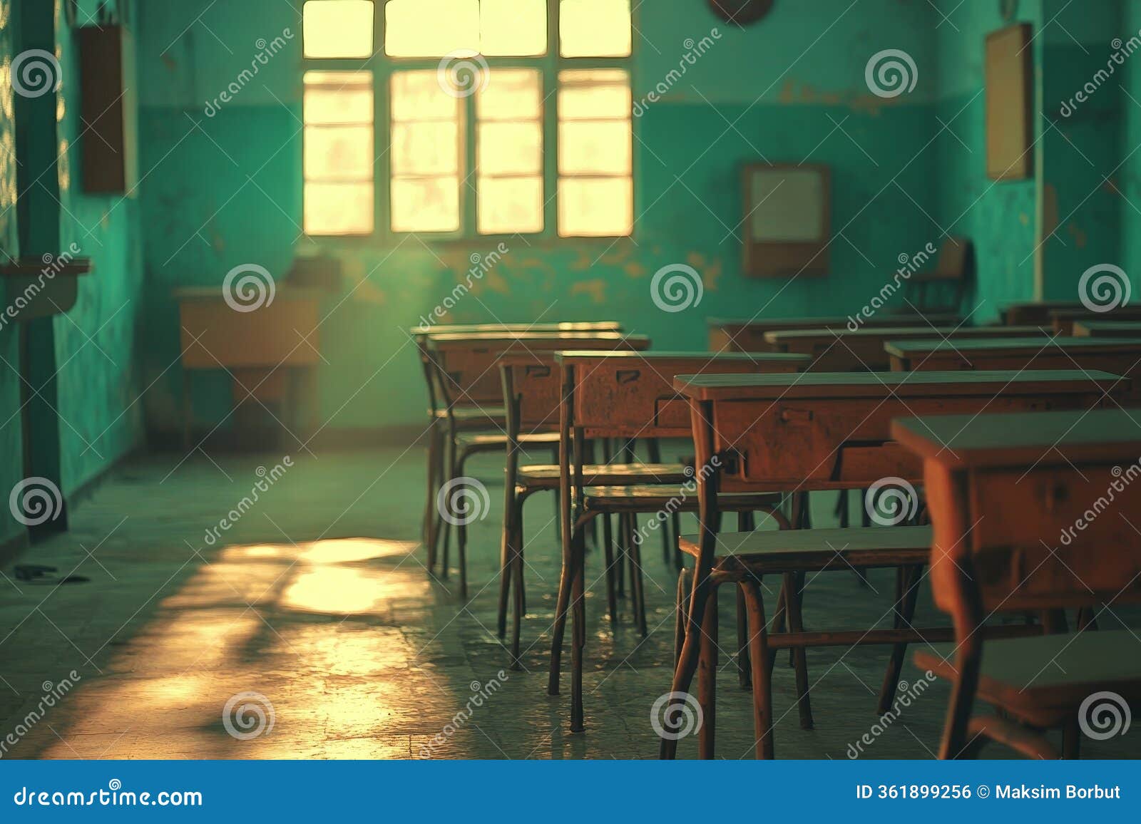A Schoolroom with a Blurred Background and an Unoccupied Arrangement of ...