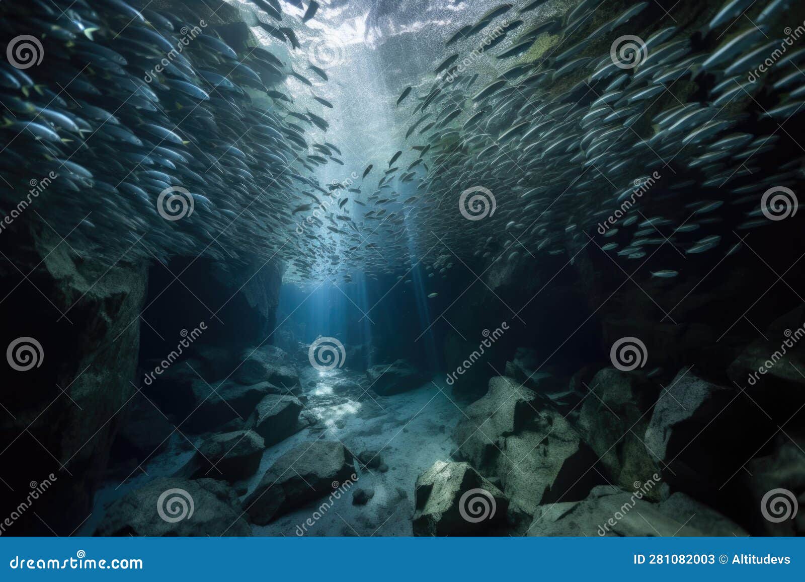 Schools of Fish Swimming through Narrow Underwater Cave Stock ...