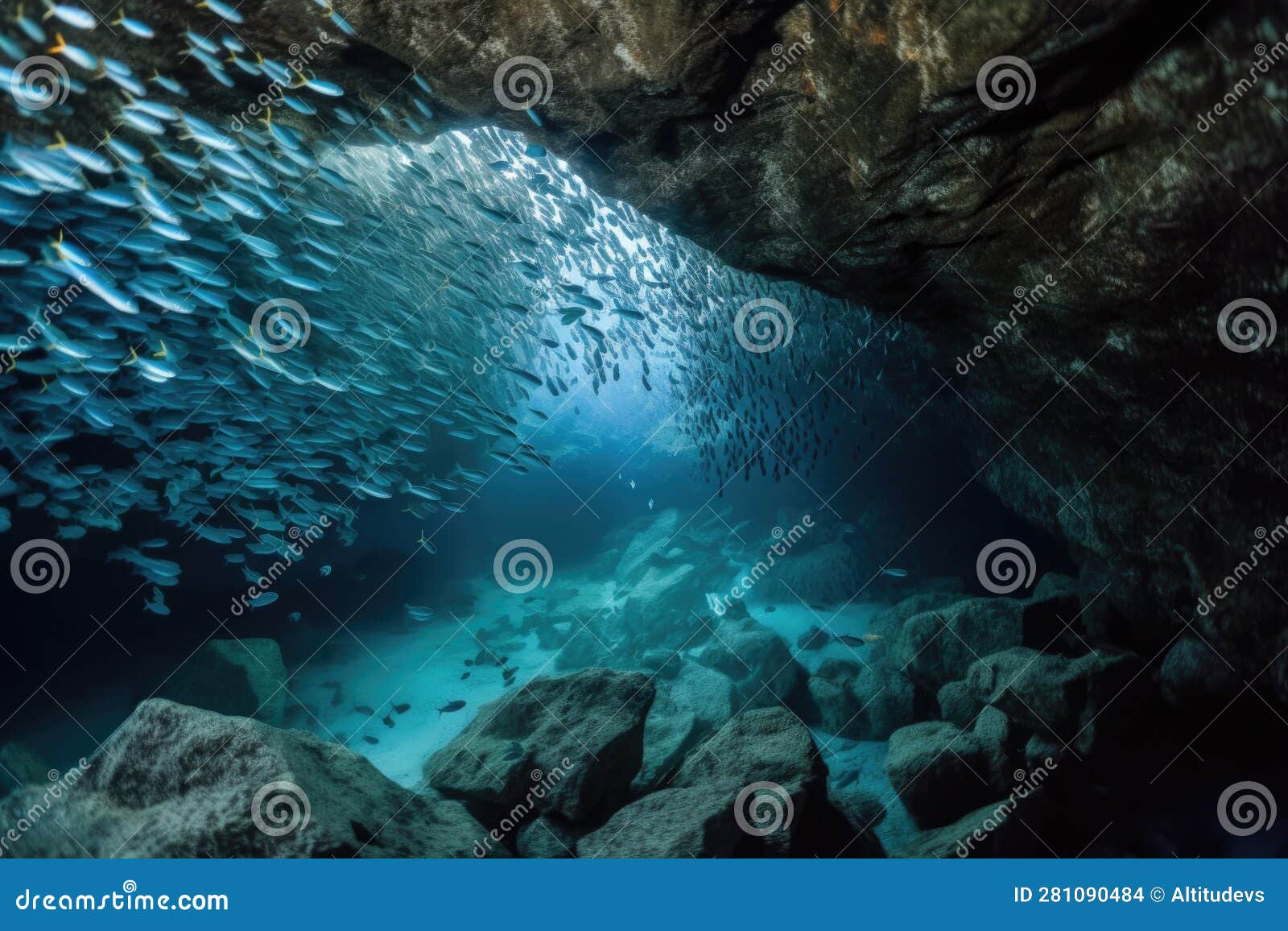 Schools of Fish Swimming through Narrow Underwater Cave Stock Photo ...