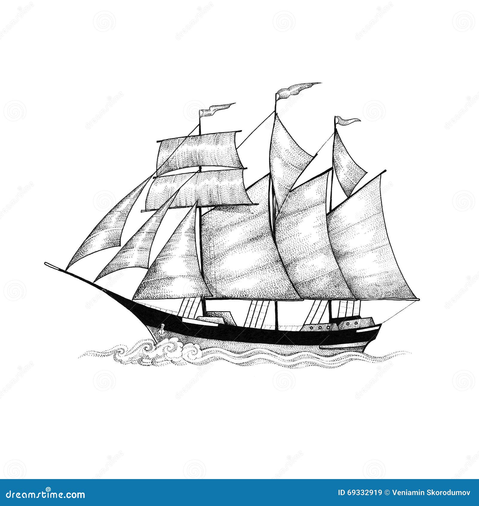 Schooner, Sailing Ship Sliding on the Waves Stock Illustration ...