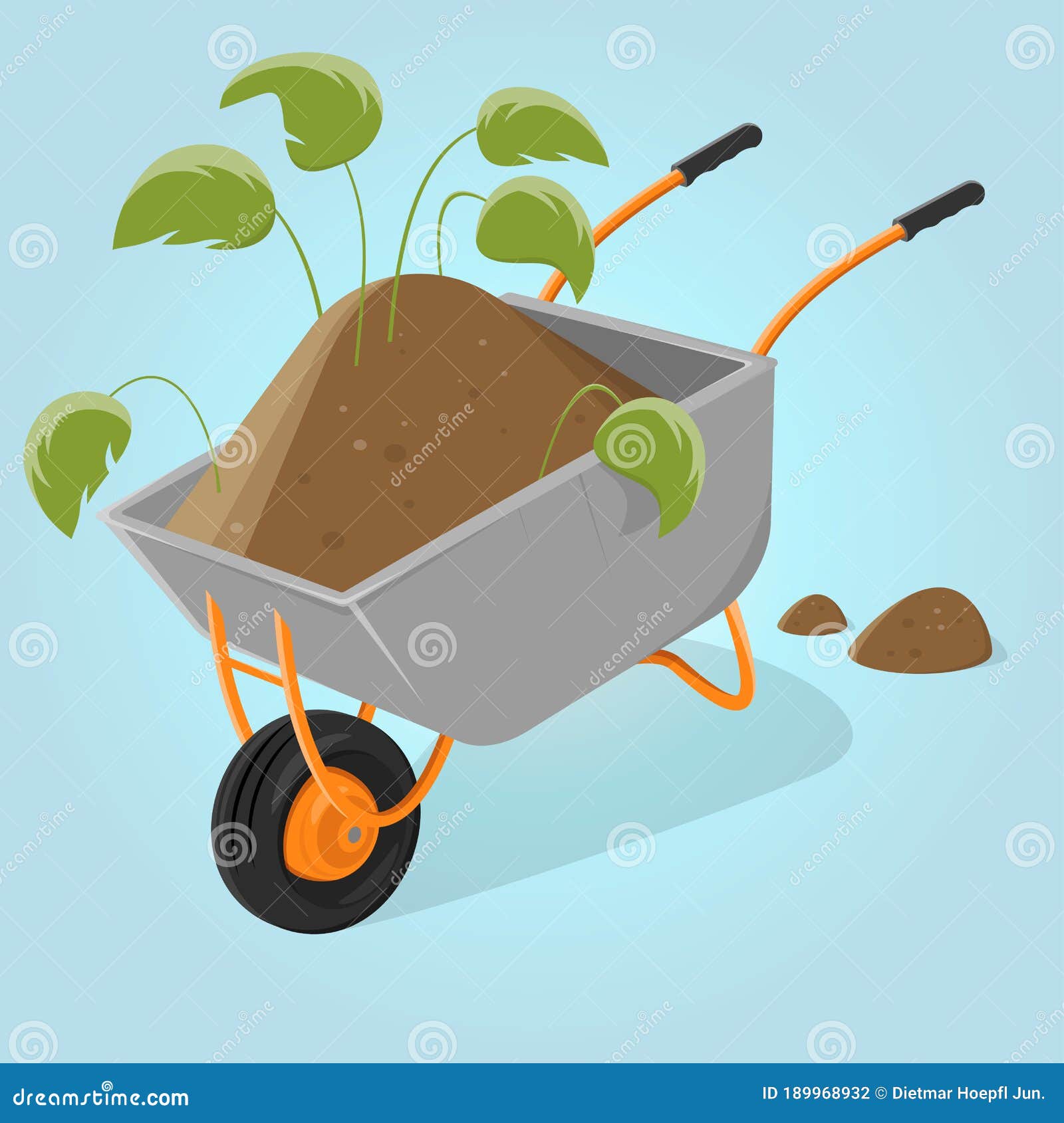 Funny Cartoon Illustration of a Wheelbarrow with Soil and Plants Stock ...