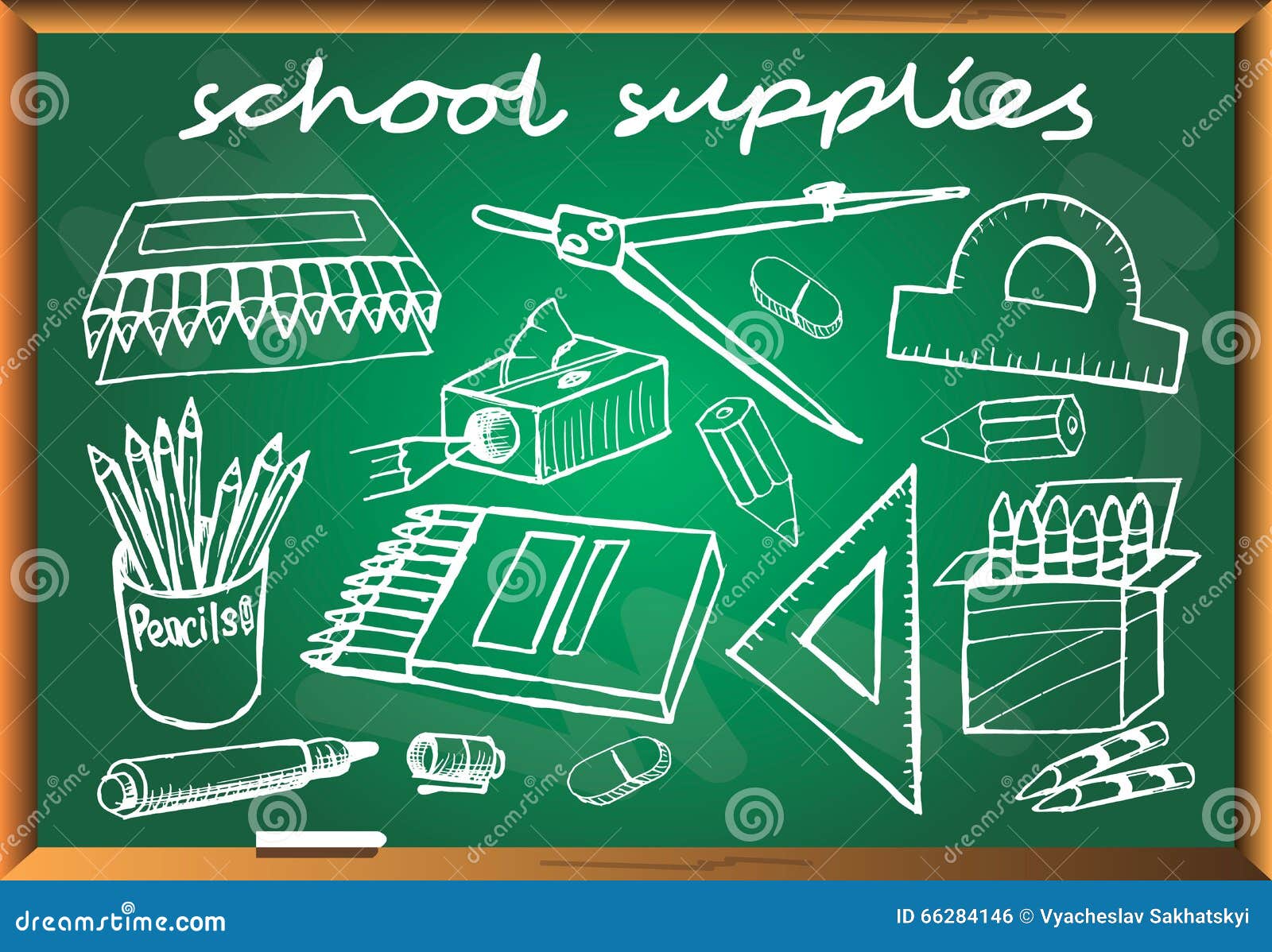 Schulbedarf auf Tafel vektor abbildung. Illustration von kategorie ...