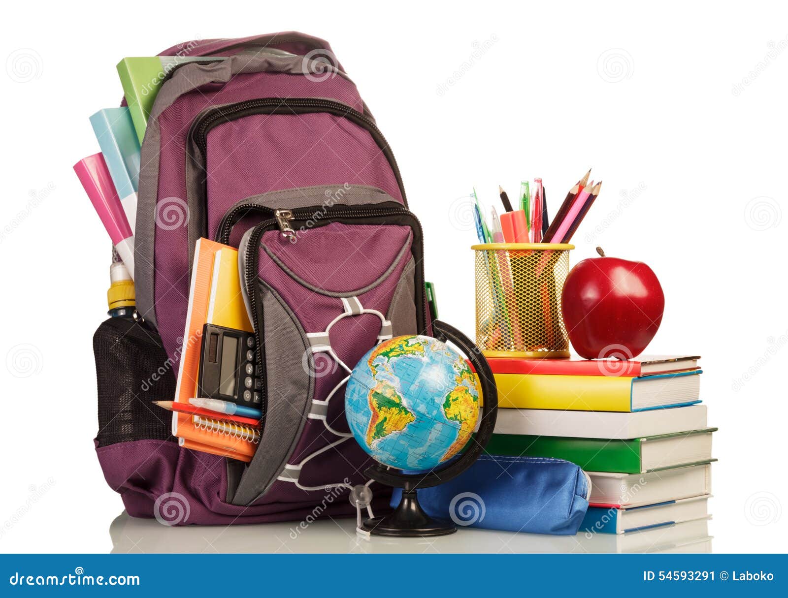 Schulrucksack Mit Schulbedarf Stockbild - Bild von übung, beutel: 54593291