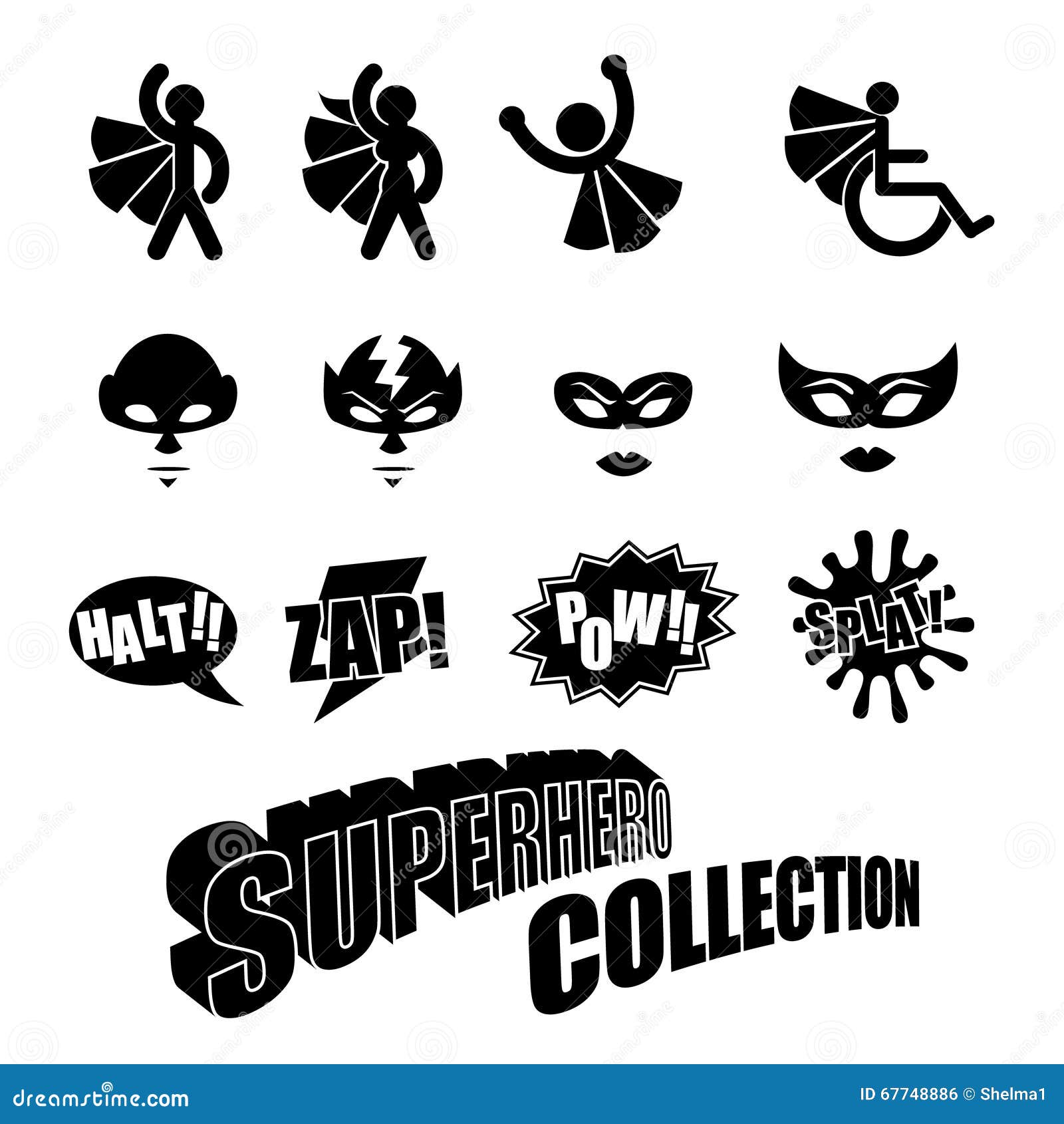 Schwarzweiss-Superheldikonen-Symbolsammlung Vektor Abbildung ...