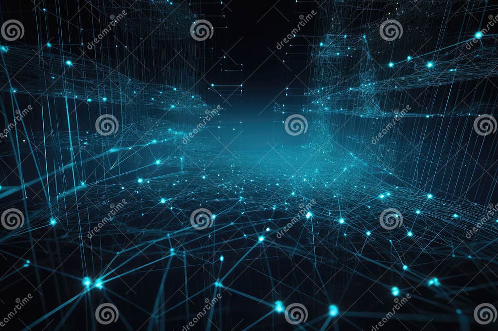 Sci-fi Background of Glowing Particles with Depth of Field. Network ...