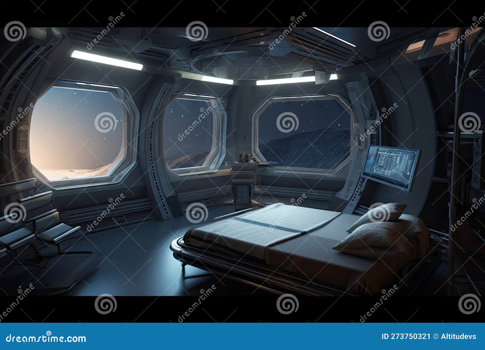 Sci-fi Bedroom, with View of Distant Star Systems, and Spacecraft Ready ...