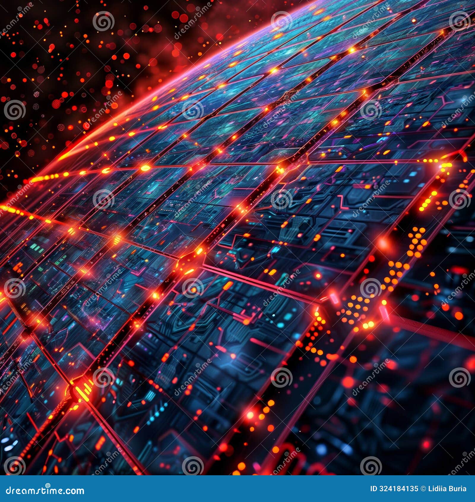 Sci-Fi Circuit Board: Red & Blue LED Lights, Generative Ai Stock ...