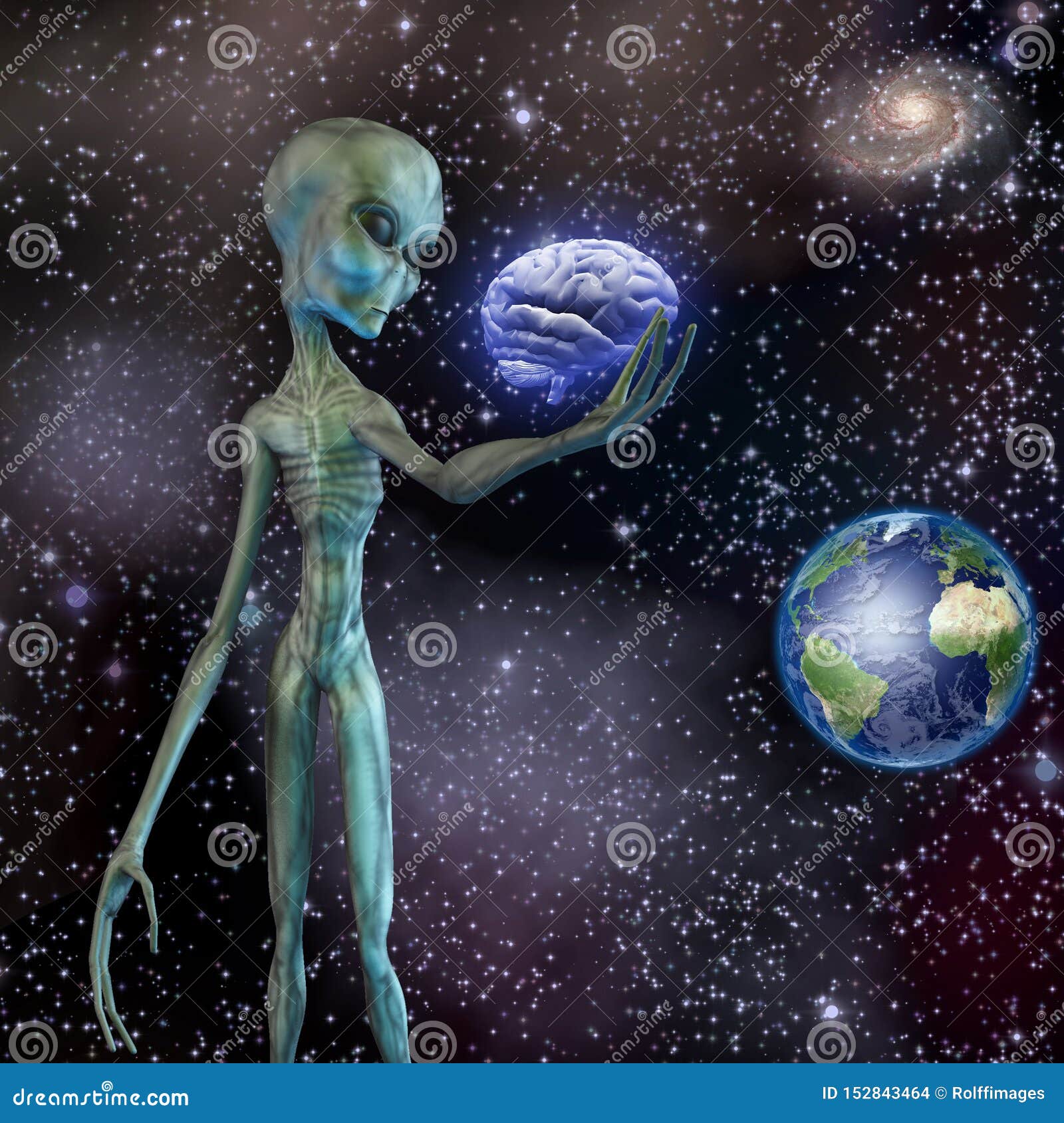 Alien ponders human brain stock illustration. Illustration of design ...