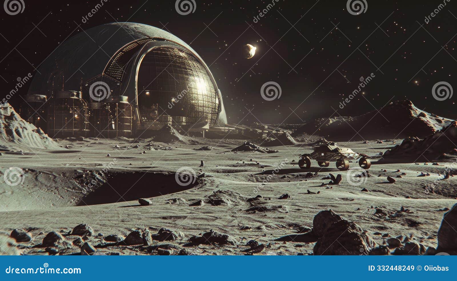 Sci-Fi 3D Outpost On A Desolate Moon's Surface With A Dome Royalty-Free ...