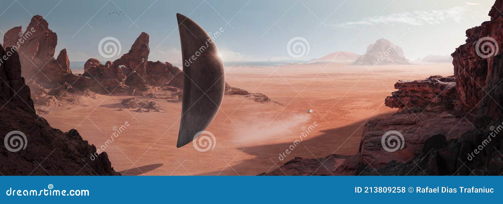 SCI-FI in the Desert with a Monolith-shaped Spaceship Alien Resting on ...