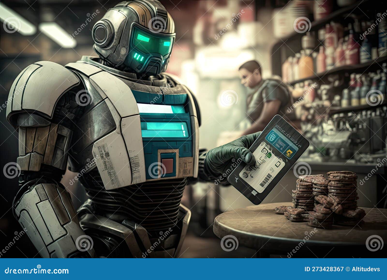 Sci-fi Future, with Android Robot Paying for Purchase Using Contactless ...