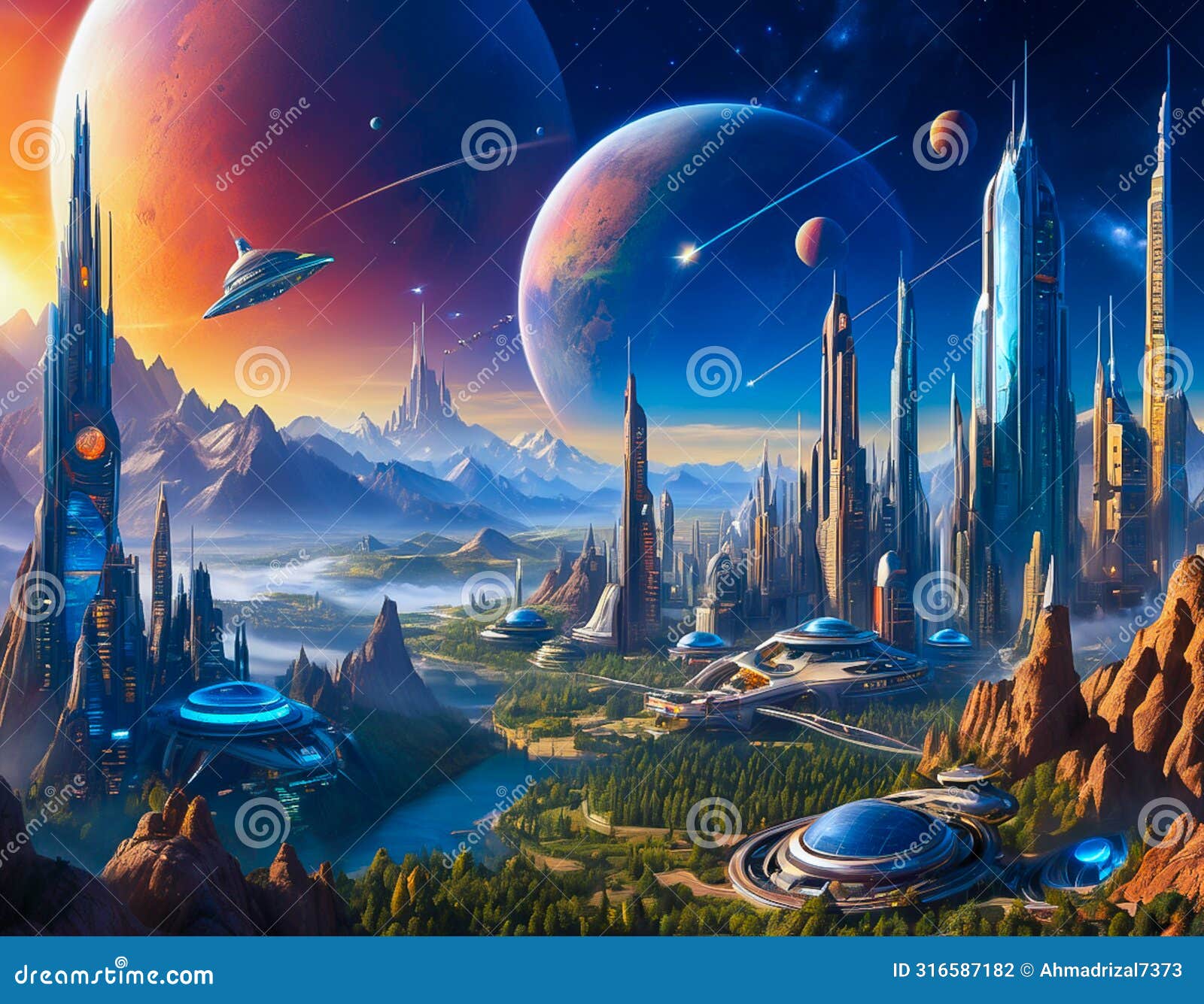 Sci-fi Futuristic Technology Metropolis Skyline with Multiple Planets ...