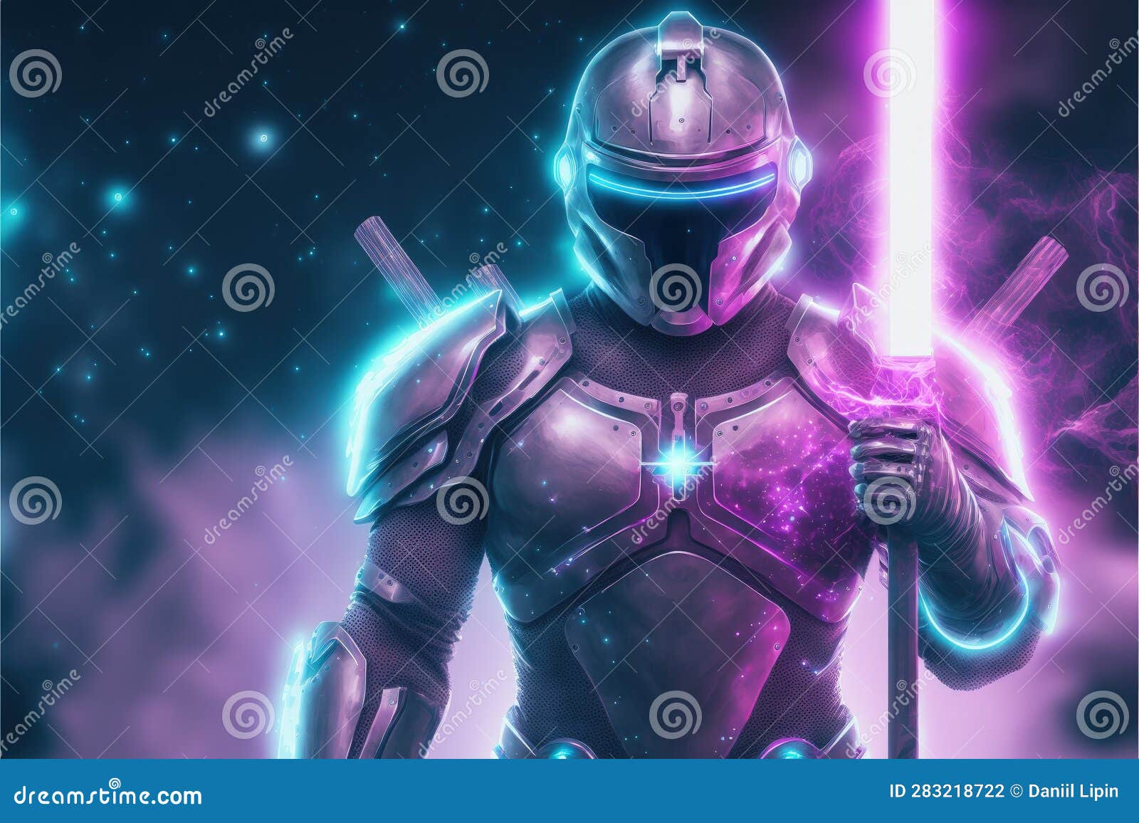 Astro-knight In Futuristic Armor Holding Magic Sword Royalty-Free ...