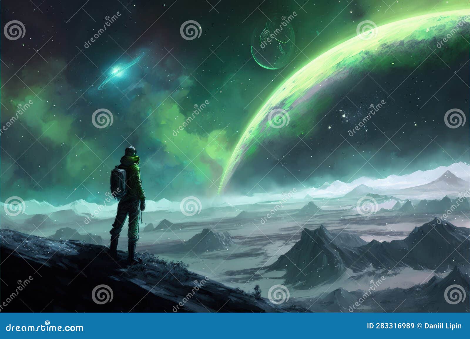 Sci-fi Illustration of a Man Observing the Earth S Surface from Outer ...