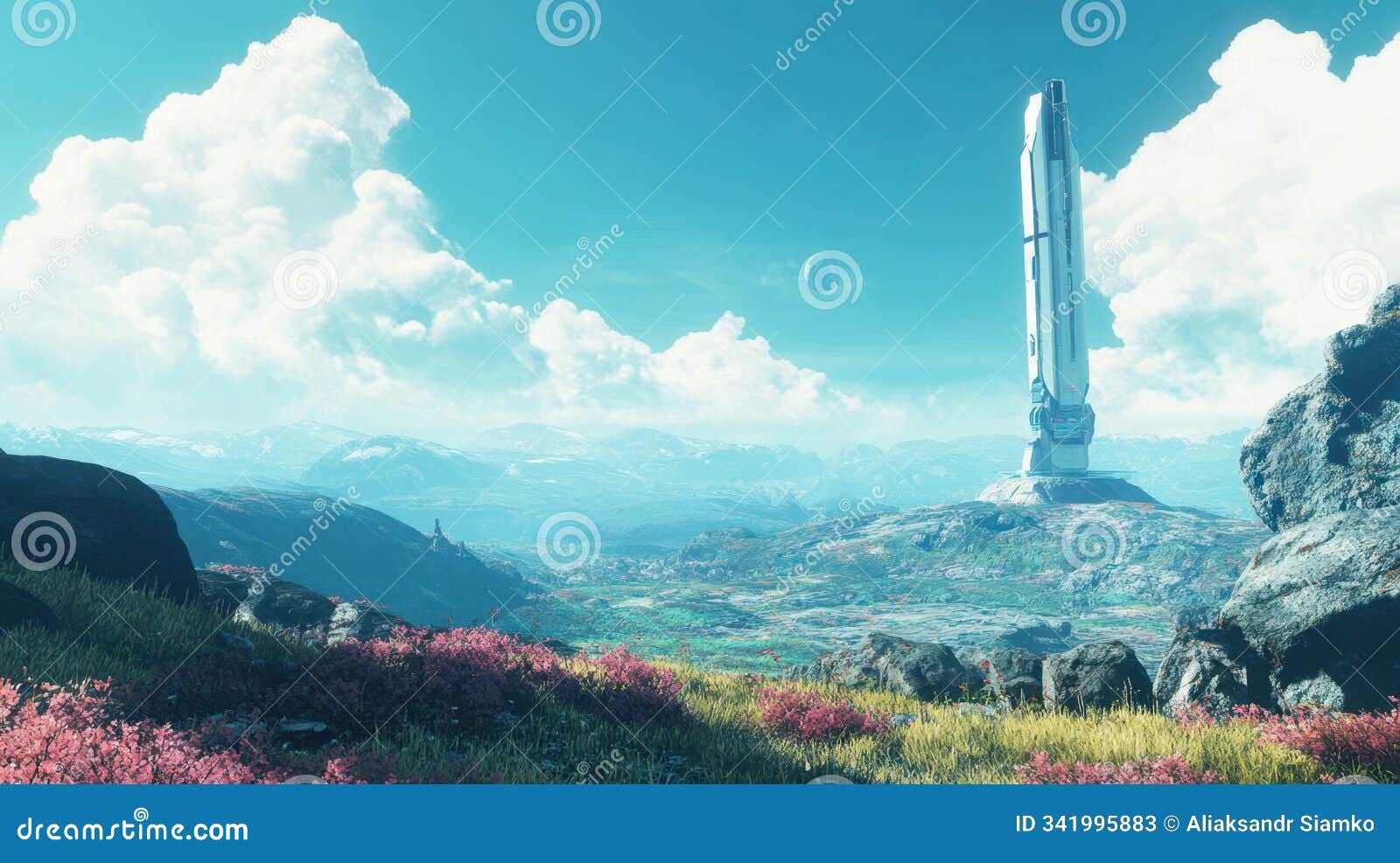 Sci-fi Landscape with a Distant Futuristic Structure on the Horizon ...