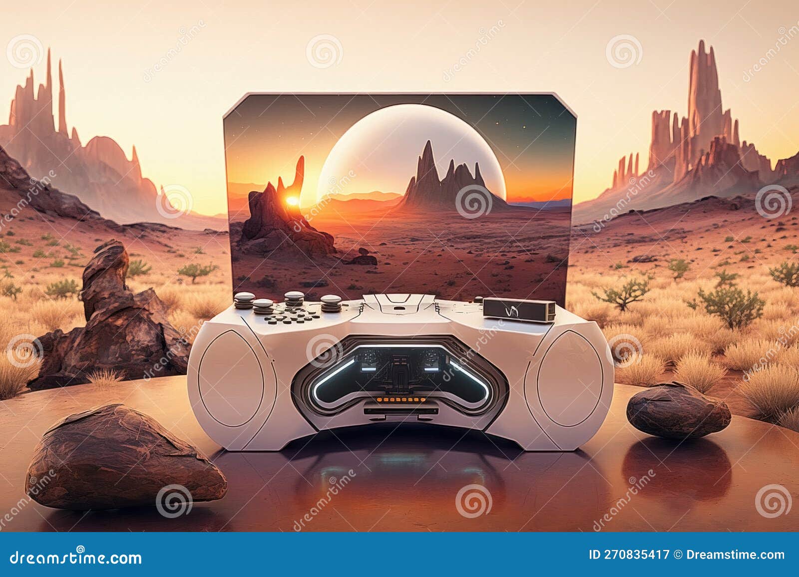 Sci-Fi Landscape with Futuristic Game Console and Wireless Controllers ...
