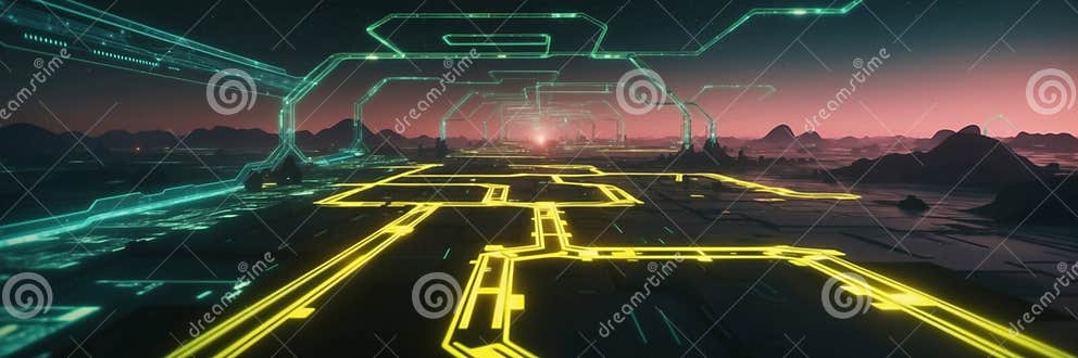 Sci-fi Landscape of Interconnected Digital Pathways Glowing in the Dark ...