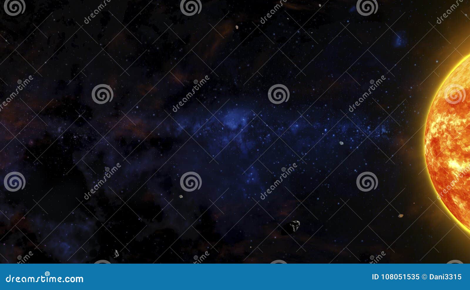 Sci-Fi Outer Space Scene with Red Star, Asteroids and Nebulas Stock ...