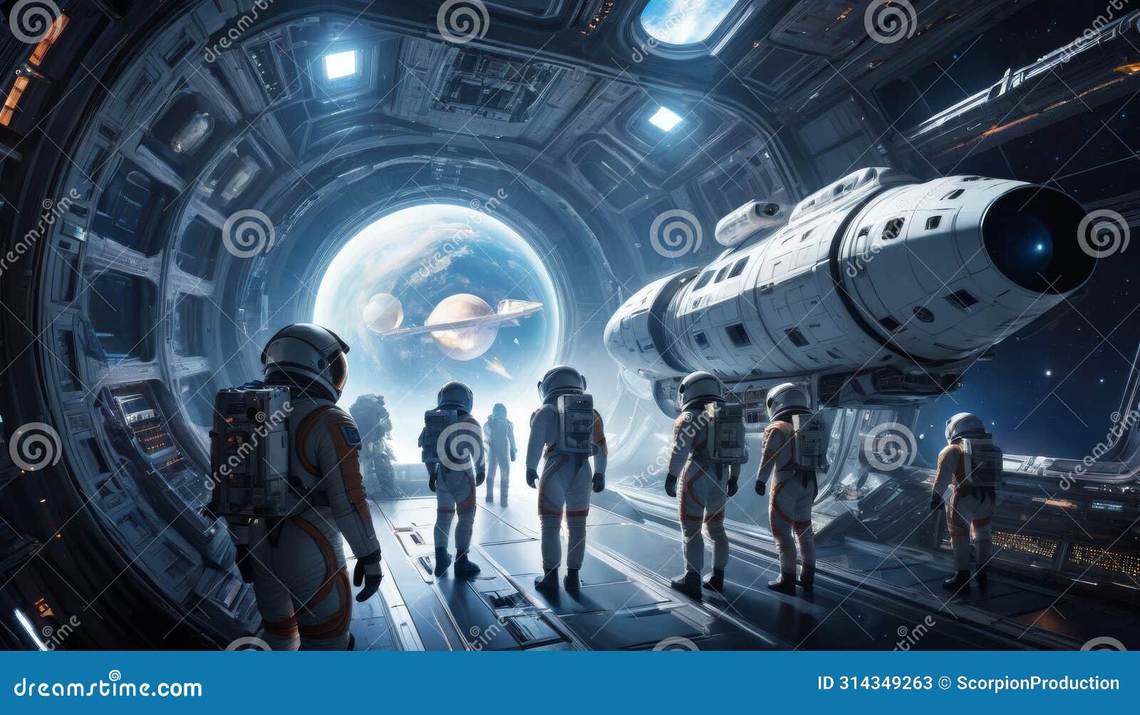 Sci-Fi Scene with Astronauts and Spaceship Stock Image - Image of ...