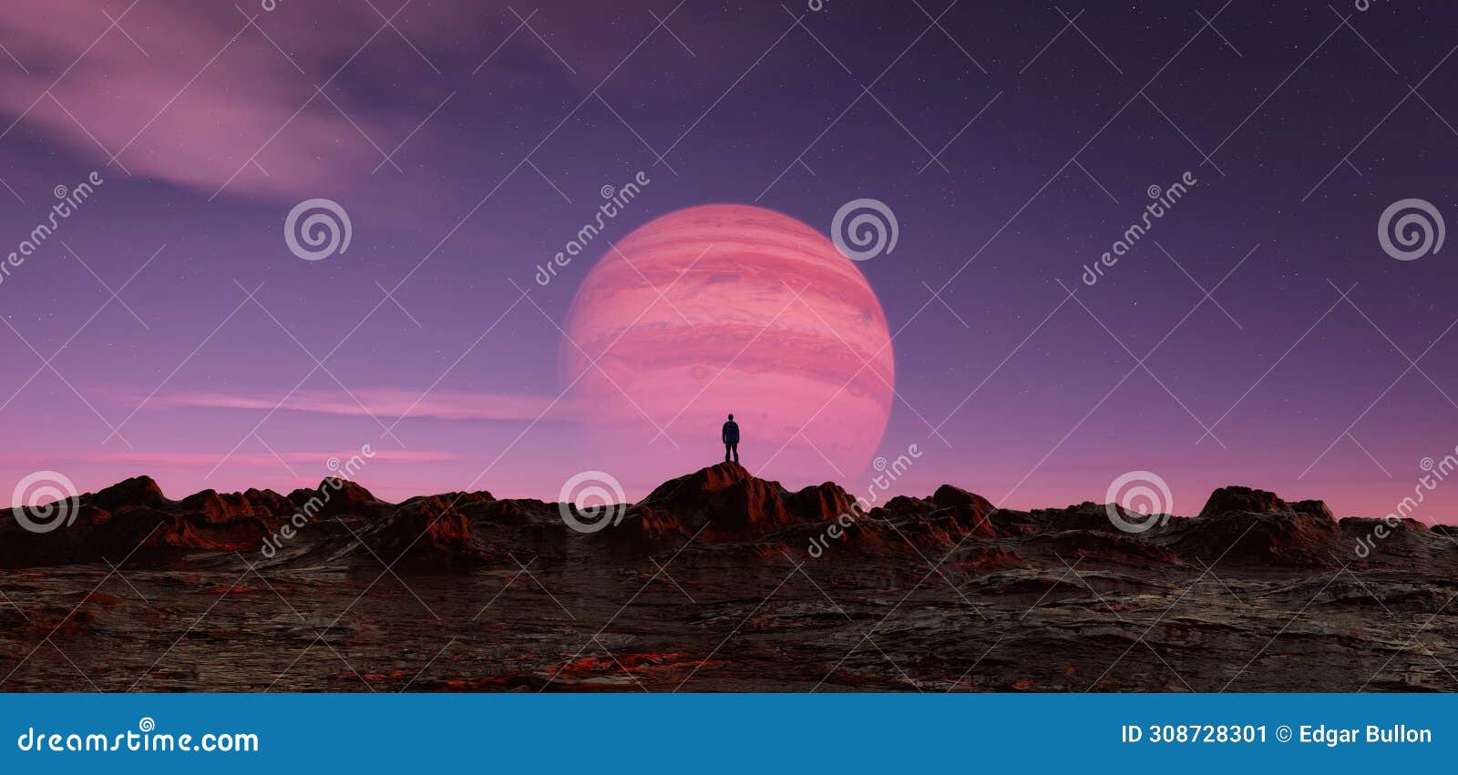 Sci-fi Scene of Man Standing on Rocky Terrain with Background Jupiter ...